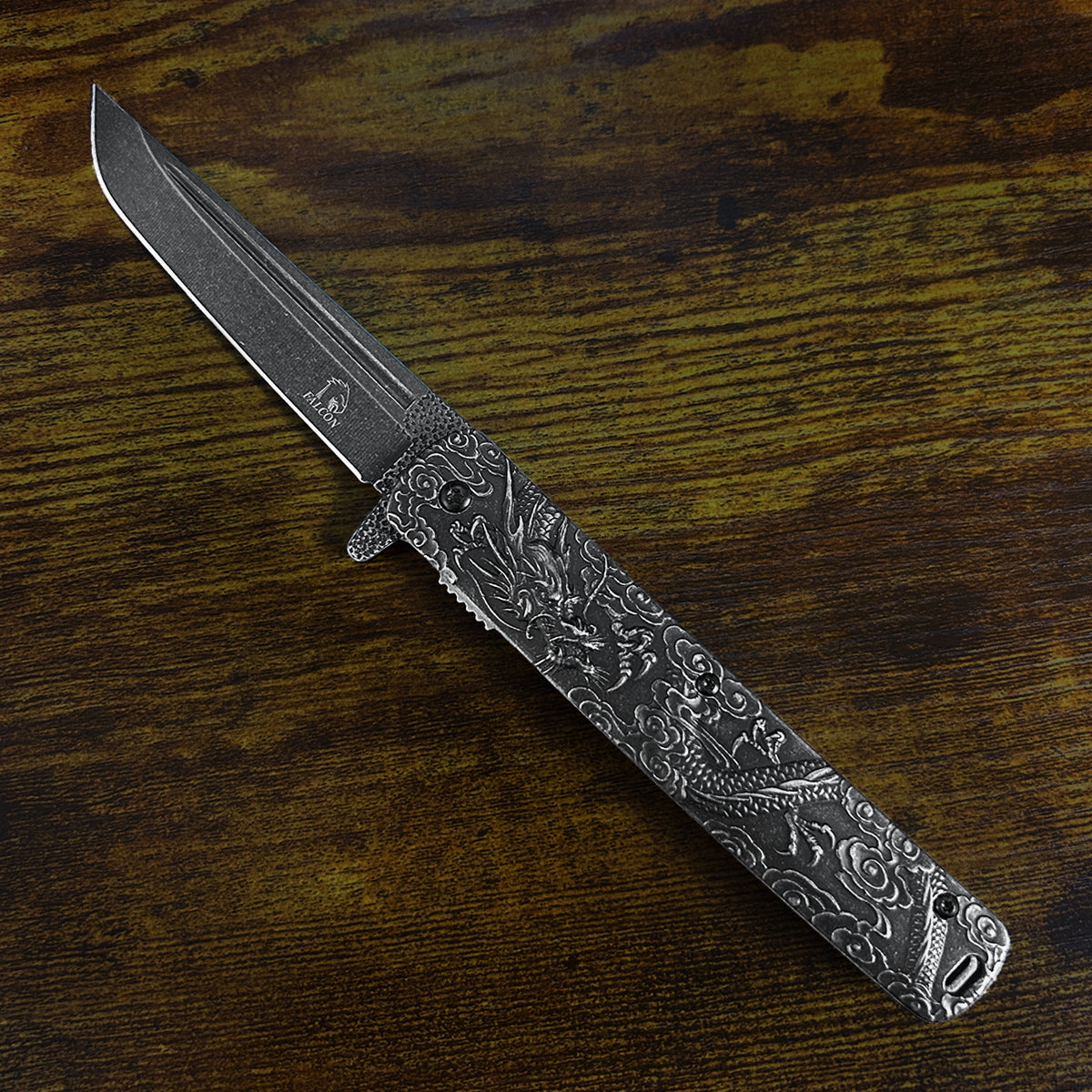 Falcon Dragon Engraved Black Spring Assisted Pocket Knife – Pacific ...